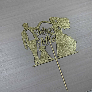 OIXCMNJQ Mr & Mrs Cake Topper, Wedding Anniversary, Bridal Shower, Engagement, Bride and Groom Hold Hands with Pet Dog Silhouette Cake Decorations Supplies, Gold Glitter