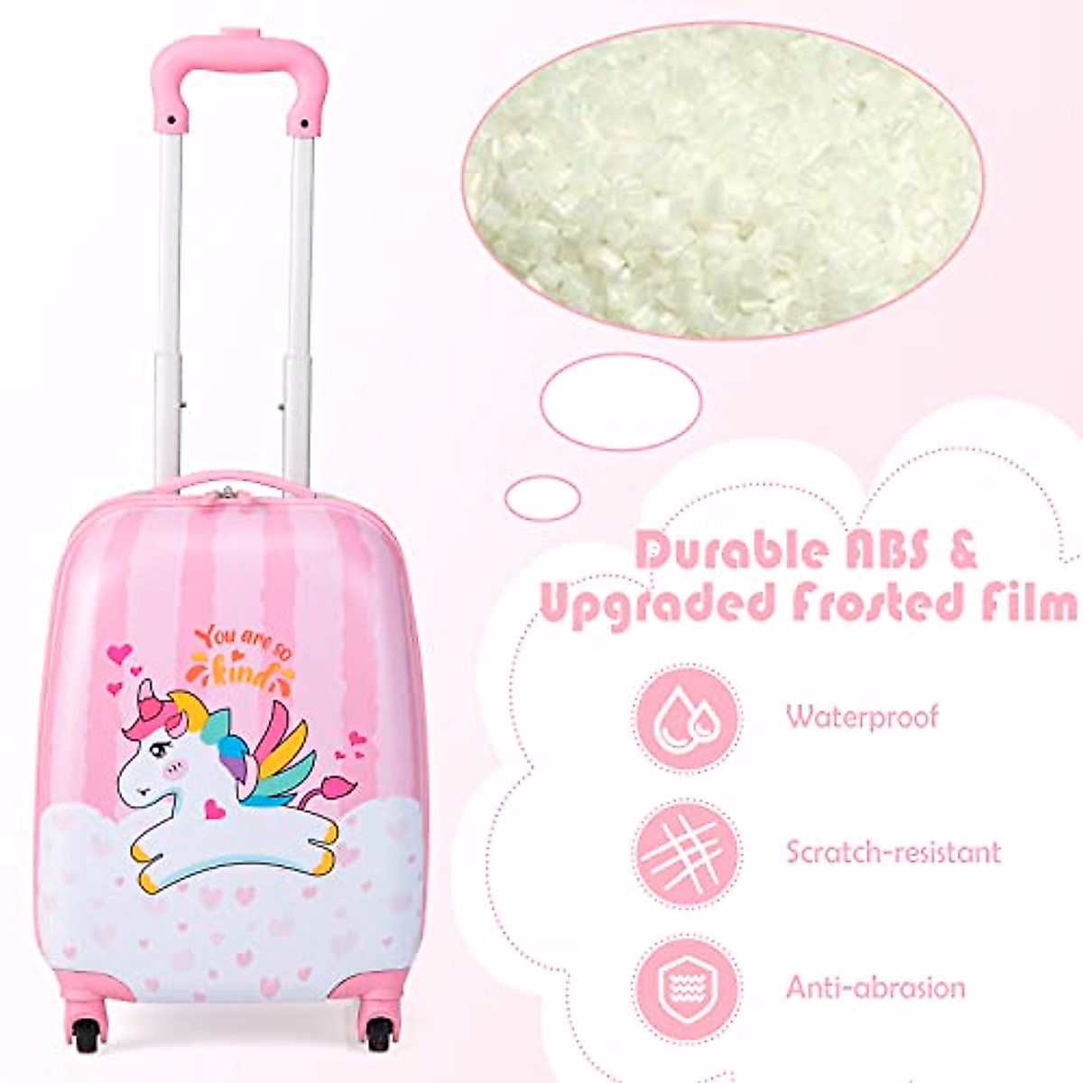 BABY JOY 2 Pcs Kids Luggage Set, 16" Toddlers Carry-on Suitcase & 12" Backpack Set, Children Travelling Case w/ 4 Casters, Retractable Handle, Lightweight Trolley Case for Boys Girls (Lovely Unicorn)