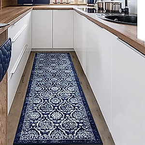 Antep Rugs Alfombras Non-Skid (Non-Slip) 2x7 Rubber Backing Floral Geometric Low Profile Pile Indoor Area Runner Rugs (Navy Blue, 2' x 7')