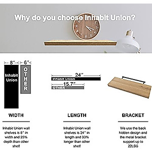 INHABIT UNION Oak Floating Shelves for Wall，24in Wall Mounted Display Ledge Shelves Perfect for Bedroom, Bathroom, Living Room and Kitchen Decoration Storage (Oak)