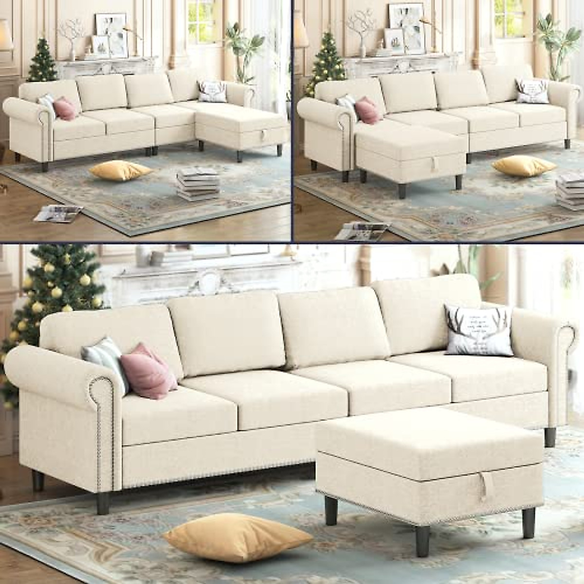 ZAFLY Convertible Sectional Sofa Couch with Movable Storage Ottoman, Linen 4 Seat L Shape Couch with Reversible Chaise, Living Room Sets for Office, Apartment (Beige)