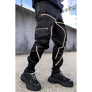 BOOMLEMON Men's Cargo Jogger Pants Reflective Technical Hip Hop Harem Pants Punk Streetwear Tactical Track Pants(Black L)