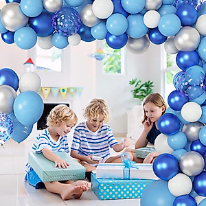 123Pcs Blue Balloons Garland Arch Kit, 18"12"10"5" Navy Blue Sliver Metallic White Confetti Balloons for Boys Birthday Party Ocean Theme Wedding Baby Shower Graduation Anniversary Background Supplies