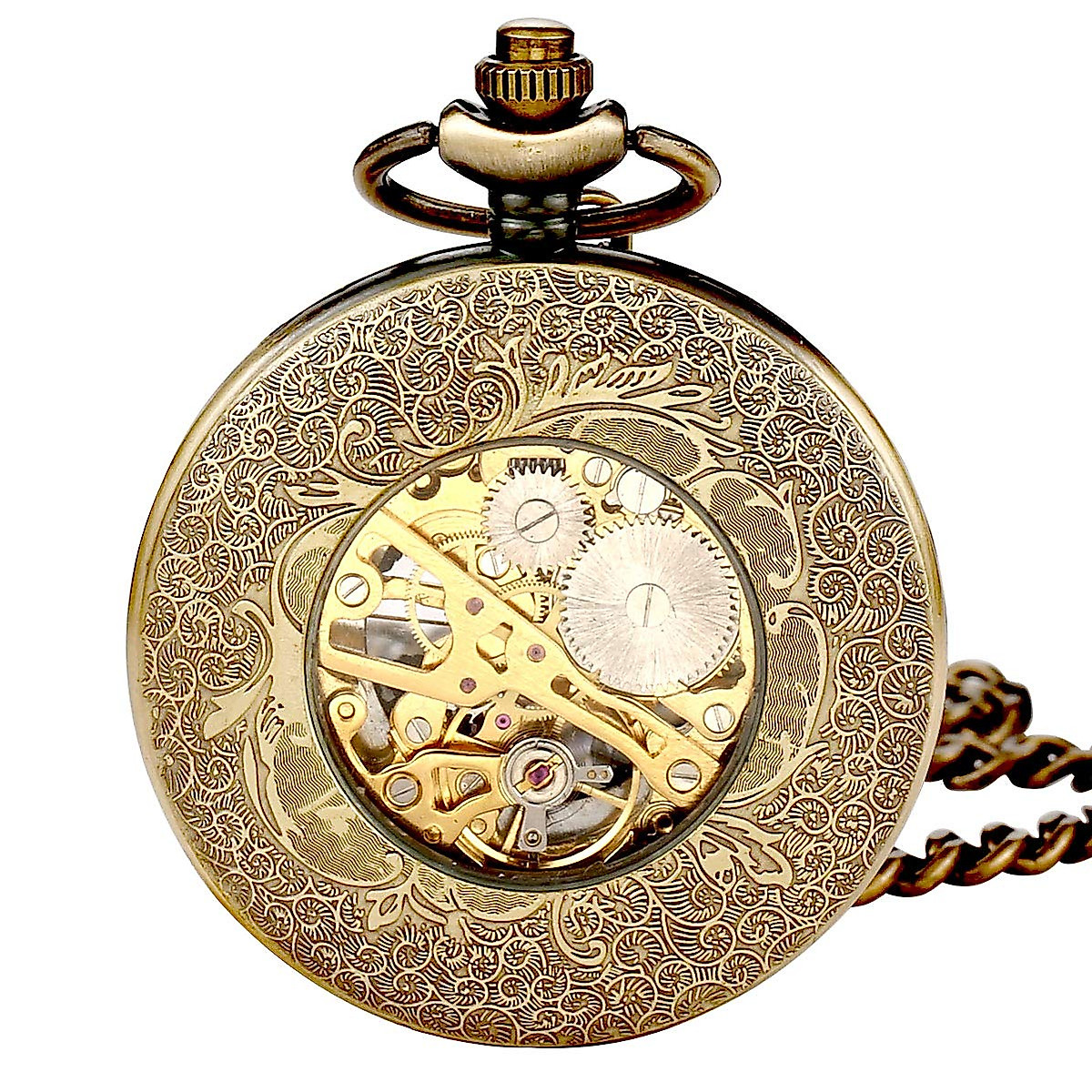 BOSHIYA Vintage Mechanical Pocket Watches for Men Steampunk Skeleton Pocket Watch with Chain Bronze Roman Numberals Pocketwatch Gifts for Fathers Day