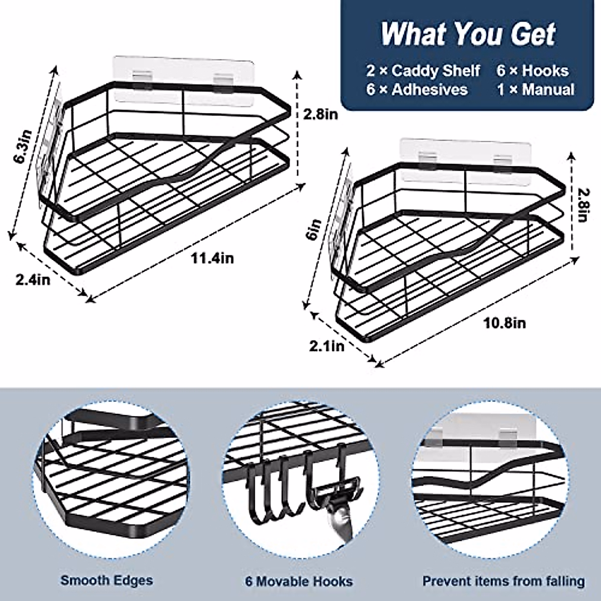 Corner Shower Caddy, MFTEK 2 Pack Shower Shelves Bathroom Shower Organizers Rack with Hooks, No Drilling Rustproof Adhesive Shower Shelf for Bathroom Storage, Black