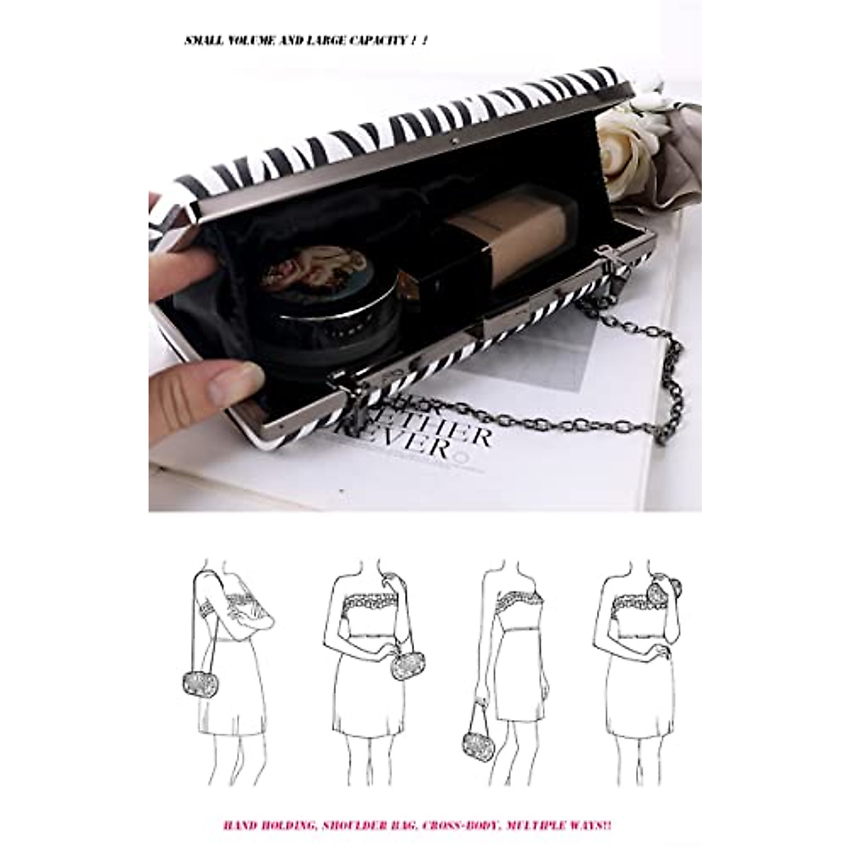 Women Clutch Evening Purses Black - and White Zebra Pattern Wristlet Hobo Bag Crossbody Bag with Chain Strap for Party (Zebra)