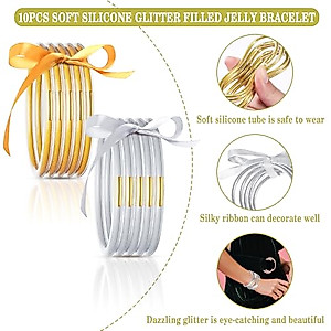 10 Pack Silver Elegant Soft Silicone Glitter Filled Jelly Bracelet Idea Gift for Ladies(5 Gold, 5 Silver)