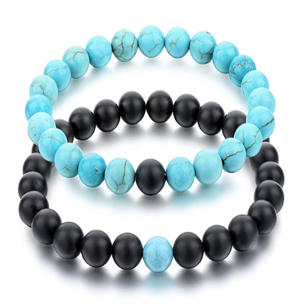 qianziqianse Black Matte Agate & Turquoise His and Hers Bracelets 8mm Sandstone Couple Bracelet Distance Bracelets XIAOLI (Turquoise Black 2pcs/Set)
