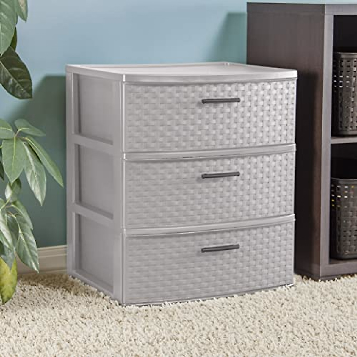 3 Drawer Wide Weave Tower Plastic, Cement - Design Storage Tower with pull handles, Organizer Unit for Bedroom, Closet, Entryway, Hallway, Nursery Room, Storage bins