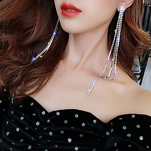 Missgrace Women Dangle Shiny Large Long Tassel Rhinestones Chain Earrings Trendy Unique Full Rhinestones Shiny Bar Disco Earrings Set Jewelry for Women (Style 4)
