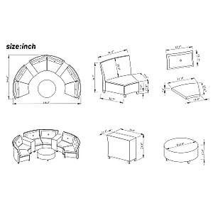 GLIFRON Patio Furniture Sets for 6 Person, Fan-Shaped Half-Moon Curved Outdoor Rattan Sofa with Cushions and Round Table for Porch Lawn Garden Backyard Poolside, Gray+Beige, 1