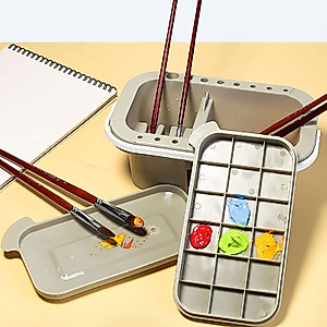 Multi-Use Paint Brush Basin with Brushes Holder, Multifunctional Three-piece Bucket, Washer, Trays, Palette Box, Artist Cleaner Cup for Watercolor Oil Gouache Painting with Lid, Paint Wash Pen Holder