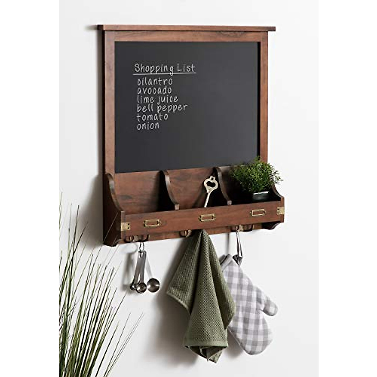 Kate and Laurel Stallard Decorative Rustic Wood Home Organizer with Chalkboard, Pockets, and Key Hooks, Dark Walnut Brown