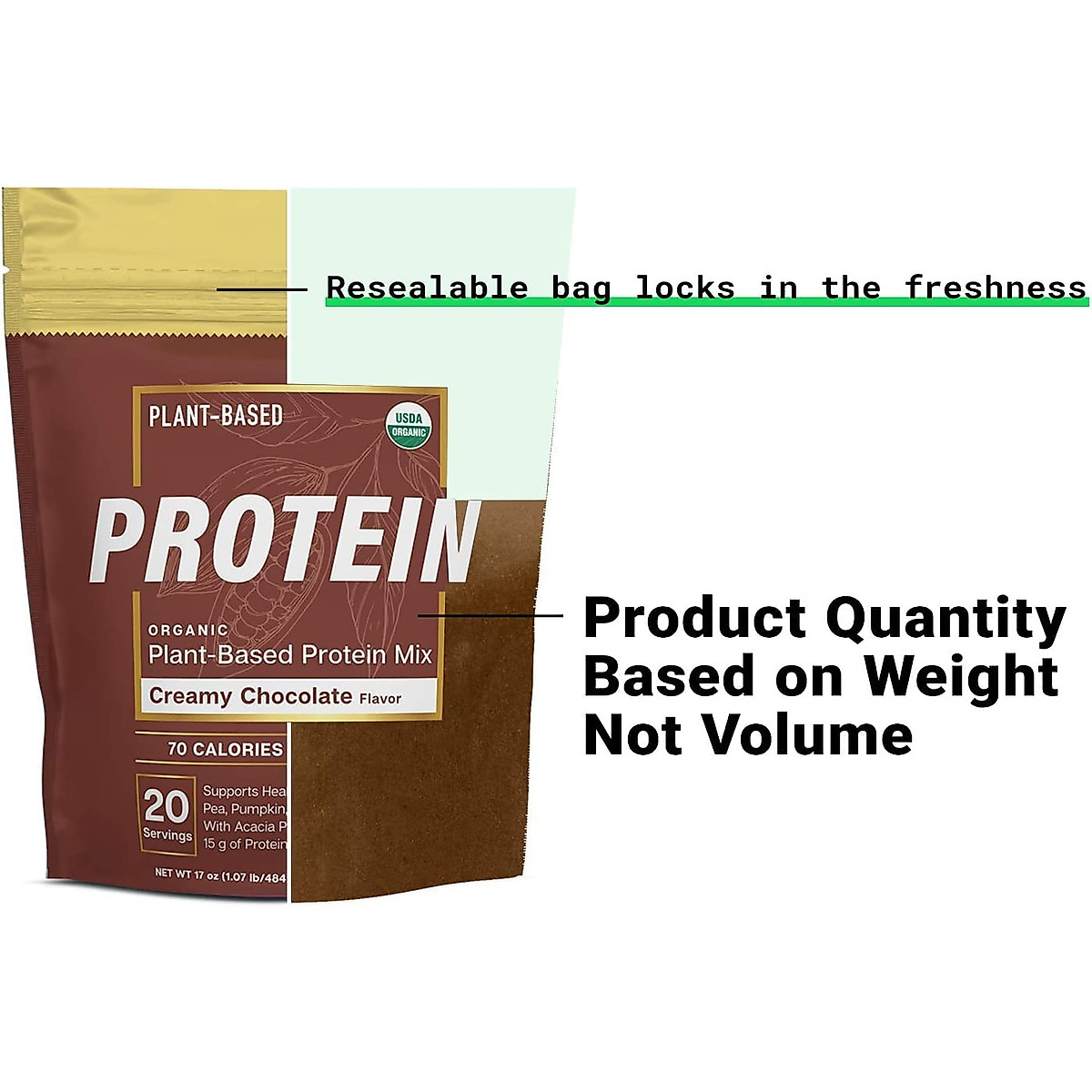 Essential Elements Organic Pea Protein Powder - Creamy Chocolate | Low-carb Plant-Based Vegan Blend - Keto-Friendly and Gluten-Free | 20 Servings, 17 oz