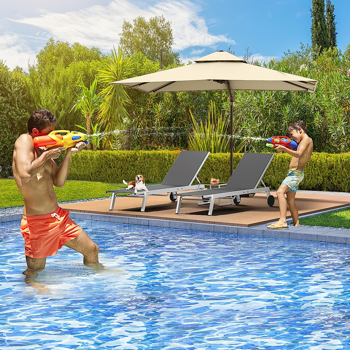 YITAHOME Patio Chaise Lounge Set of 3, Outdoor Lounge Chairs with Side Table, Adjustable Backrest Poolside Loungers with Wheels for Pool Beach Patio Lawn Porch - Light Grey