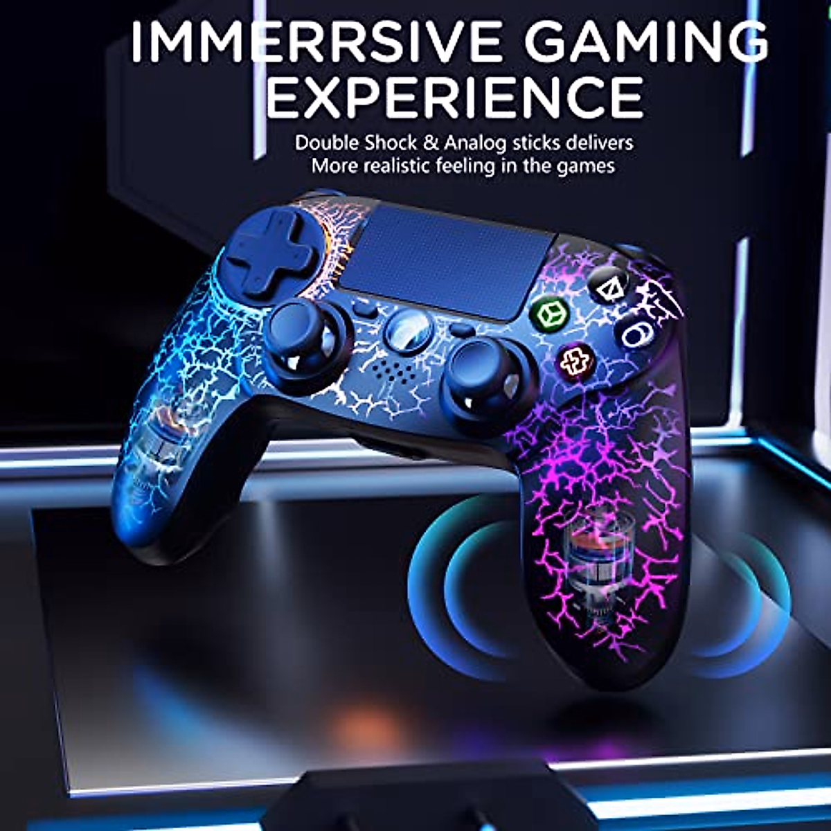 LED Wireless Controller for Playstation 4 Compatible with PS4/Slim/Pro with Dual Vibration/6-Axis Motion Sensor/Audio Function/Light Up(Black)