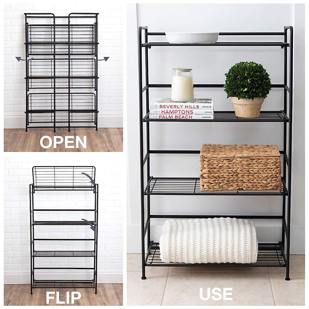 Flipshelf Folding Metal Bookcase-Small Space Solution-No Assembly-Home, Kitchen, Bathroom and Office Black, 4 Shelves, Wide