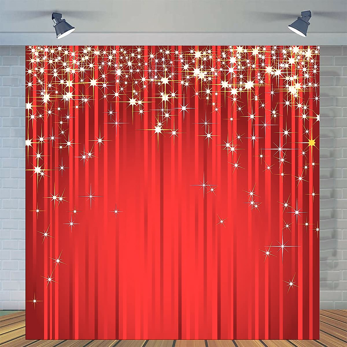 Sensfun 8x8ft Red Golden Starry Backdrop for Portrait Photography Glitter Gold Star Red Stripe Background Photobooth Banner Wedding Birthday Party Kids Newborn Photo Studio Props(WP019)