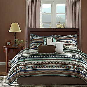 Madison Park Cozy Comforter Set - Rustic Southwestern Style, All Season Down Alternative Casual Bedding, Matching Shams, Decorative Pillows, Malone, Ikat Blue Queen(90"x90") 7 Piece