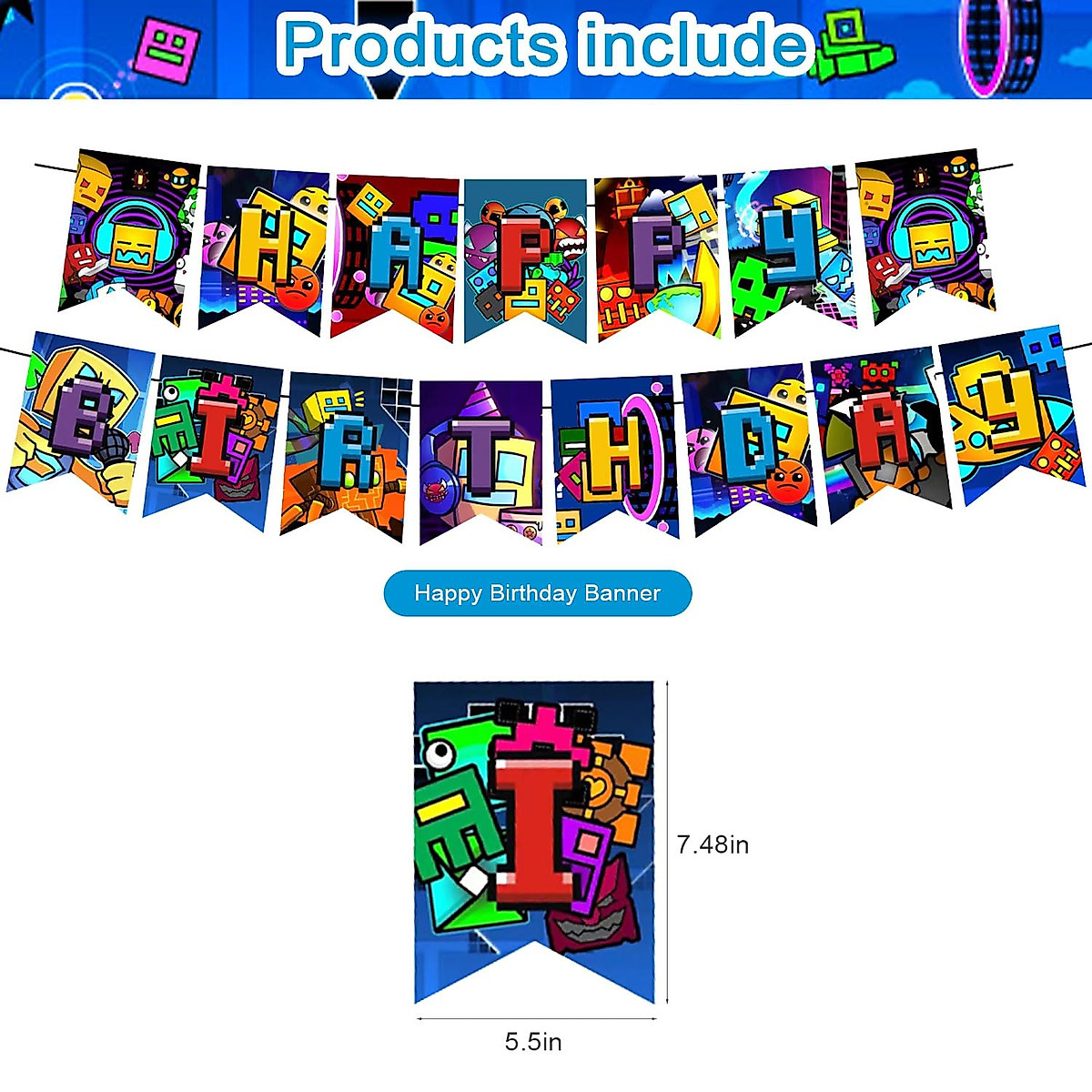 Geometry Dash Birthday Party Decorations ,Geometry Dash Birthday Party Favor with Banner, Ballons,Cake Topper, Cupcake Toppers for Boys Girls Fans Geometry Dash Party Supplies