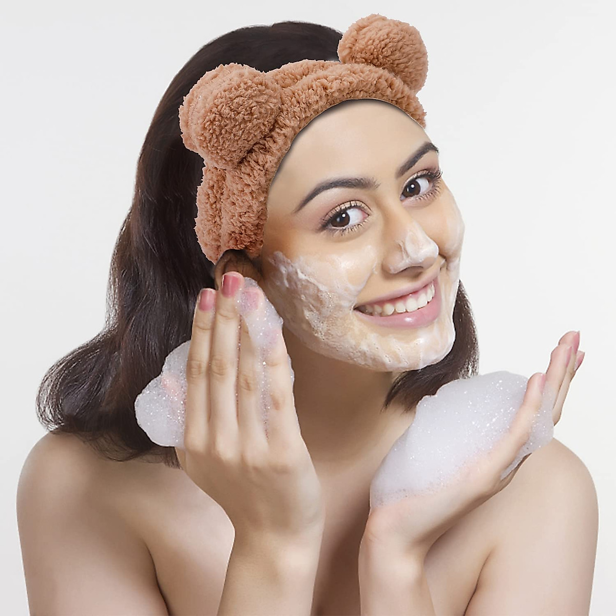 Hofar Bear Face Wash Headband Hairband with Bear Ears Coral Fleece Cartoon Cute Creative Hair Accessories