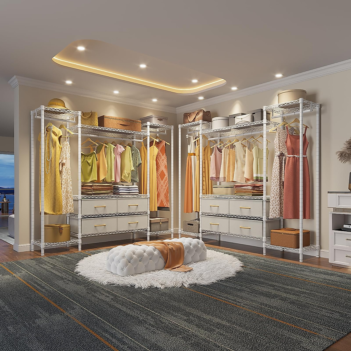 VIPEK V20 Wire Garment Rack Heavy Duty Clothes Rack, Metal Clothing Rack with 6 Shelves, 3 Hang Rods & 4 Fabric Drawers, Compact Freestanding Closet Wardrobe, 56.7" L x 14.6" W x 70.9" H, White