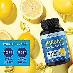Triple Strength Omega 3 Fish Oil | 3600 mg EPA & DHA | Over 2100mg of Omega 3 Fatty Acids | 1300mg EPA + 860mg DHA | Best Essential Fatty Acids | Premium Burpless Softgel Supplements (120 Ct)