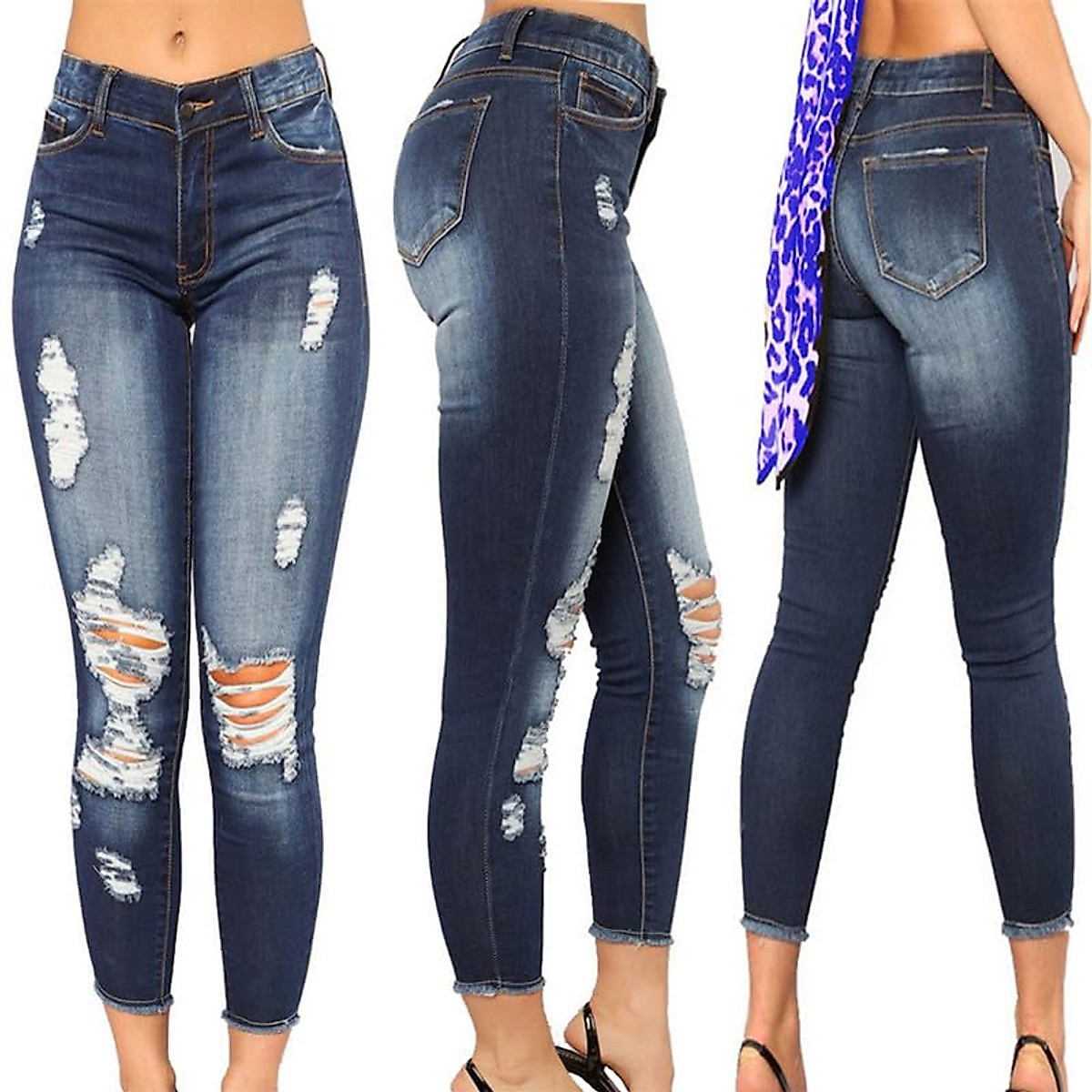 Andongnywell Women's Stretchy Ripped Hole Skinny Jeans Butt Lifting Distressed Denim Pants with Pockets Trousers Blue