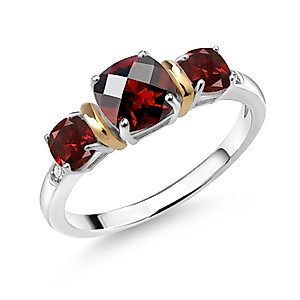 Gem Stone King 1.83 Ct Cushion Checkerboard Red Garnet 925 Silver and 10K Yellow Gold Diamond 3-Stone Ring (Size 7)