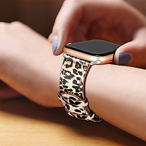 Fintie Bands Compatible with Apple Watch 49mm 46mm 45mm 44mm 42mm(Series 3 2 1) iWatch Ultra, SE Series 1-10, Genuine Leather Band Replacement Accessories Strap Wristband, Classic Leopard