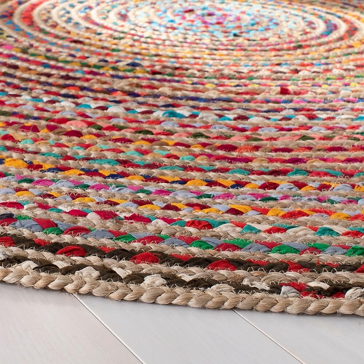 FRELISH DECOR Round Rug Area Rug, Jute & Cotton Multi Chindi Braid Rug, Hand Woven & Reversible- Handwoven from Multi-Color Vibrant Fabric Rugs Bohemian Colorful Rug (6 feet)