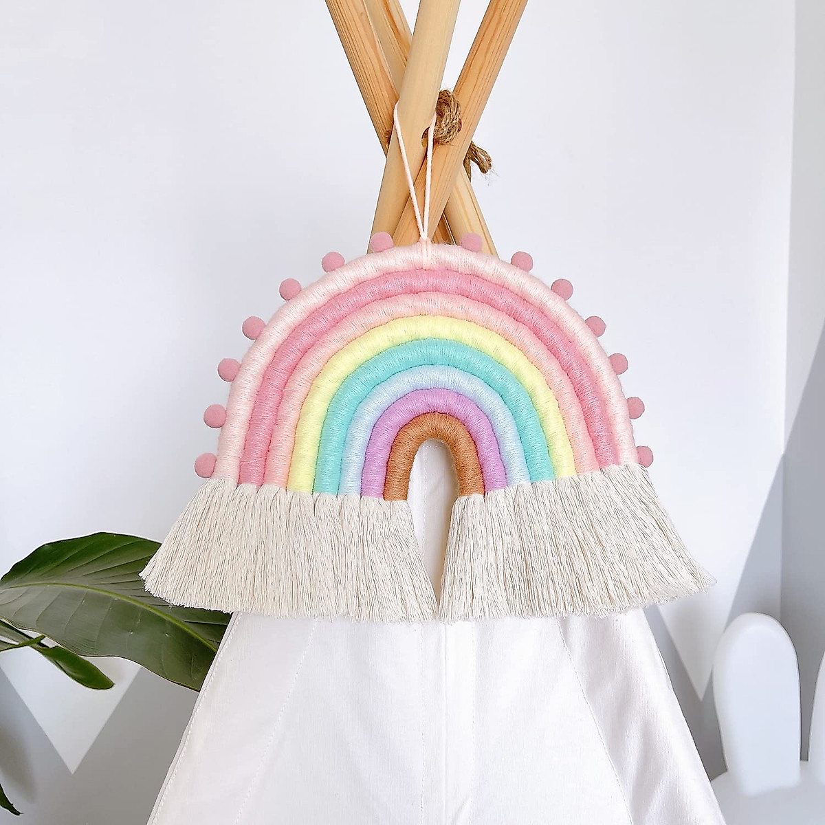 Large Macrame Rainbow Wall Hanging Decor Handmade Pom Pom Garland Rainbow Decor for Kids Room Girls Bedroom Baby Shower Nursery Decorations