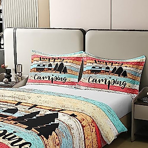 100% Cotton Happy Camping Duvet Cover Queen RV Camper Trailer Bedding Set for Boys Girls Bedroom Farmhouse Style Wooden Stripes Comforter Cover Red Blue Soft Breathable Quilt Cover