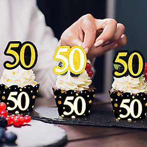 24pcs Dessert Cupcake Topper 24pcs Cupcake Wrappers Cheer to 50 Years Old Theme Decor Supplies Men Women Happy 50th Birthday Wedding Anniversary Party Decoration