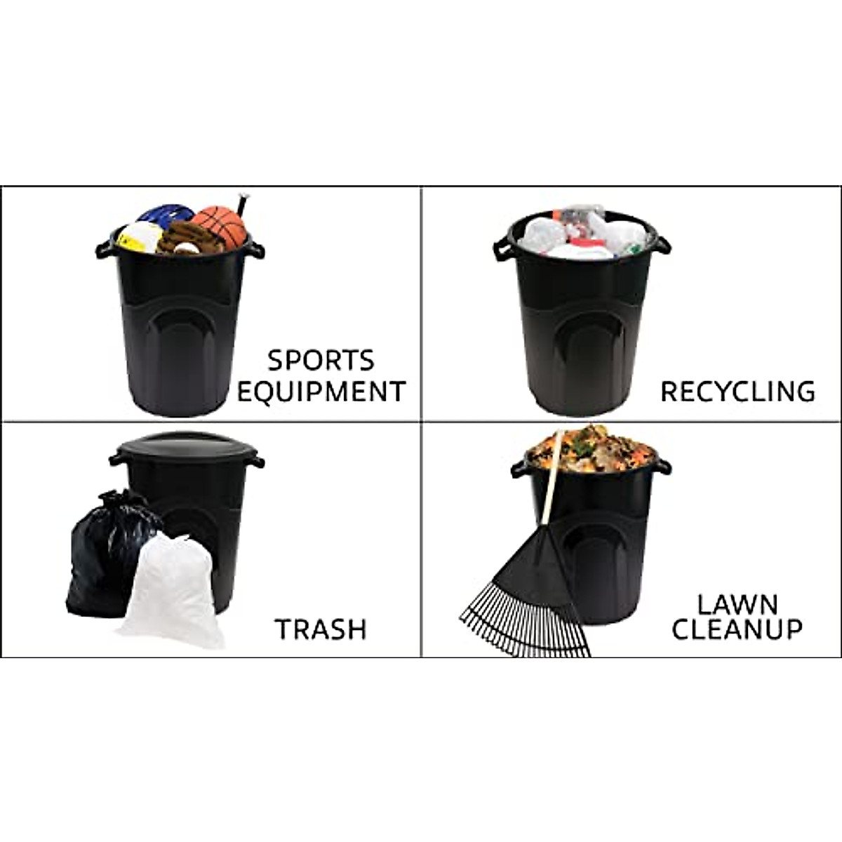 United Solutions 32 Gallon Outdoor Garbage Can, Black, Easy to Carry Garbage Can with Sturdy Construction, Pass-Through Handles & Attachable Click Lock Lid, Indoor or Outdoor Use, (Pack of 2)