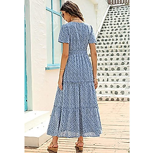 Zattcas Womens 2023 Summer Casual Long Dress Short Flutter Sleeve V Neck Smocked Waist Tiered Flowy Modest Floral Boho Maxi Dress Blue L