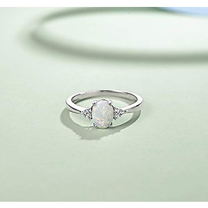 FANCIME Created Opal Rings for Women Sterling Silver 4-prong Halo White Opal Ring Cubic Zirconia Engagement Wedding Ring Fine Jewelry for Women Size 4