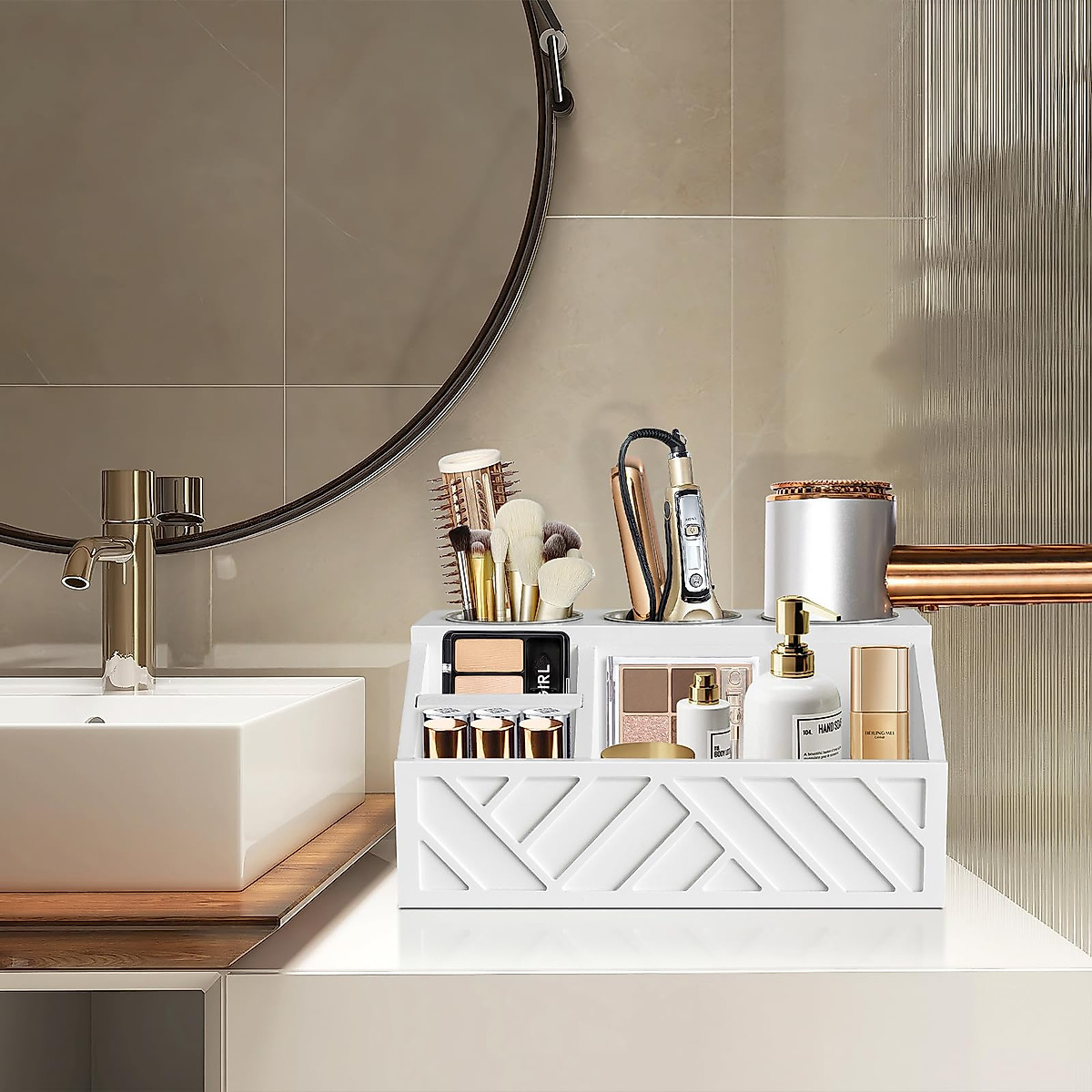 Unistyle Hair Dryer Holder Wall Mounted, Hair Tool Organizer, Bathroom Countertop Organizer for Bathroom Accessories, Wood Bathroom Blow Dryer Holder and Vanity Organizer, Makeup Storage(White)