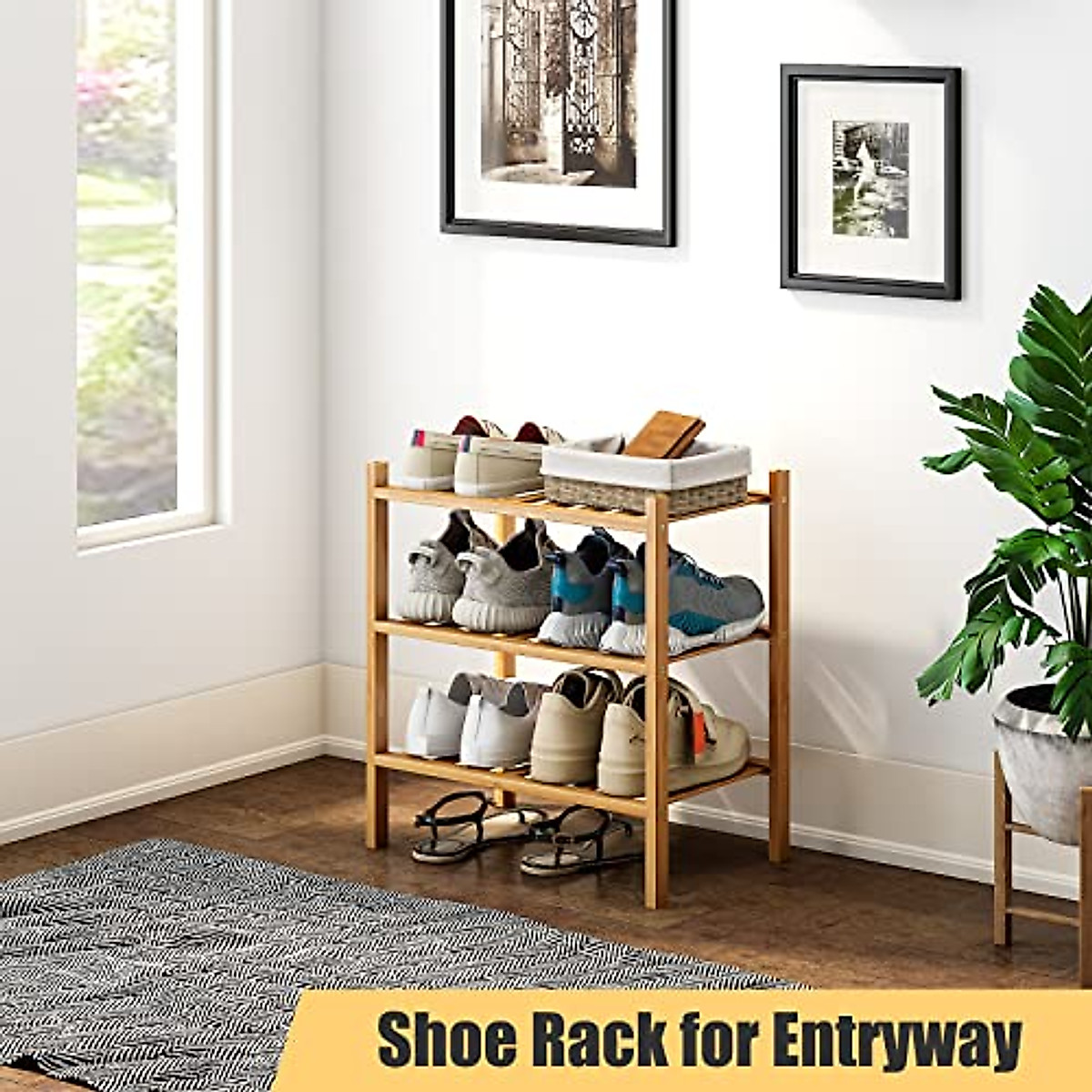 Furshus 3-Tier Small Shoe Rack for Entryway, Stackable | Heavy Duty | Multi-Function, Bamboo Free Standing Shoe Racks for Bedroom Hallway Closet