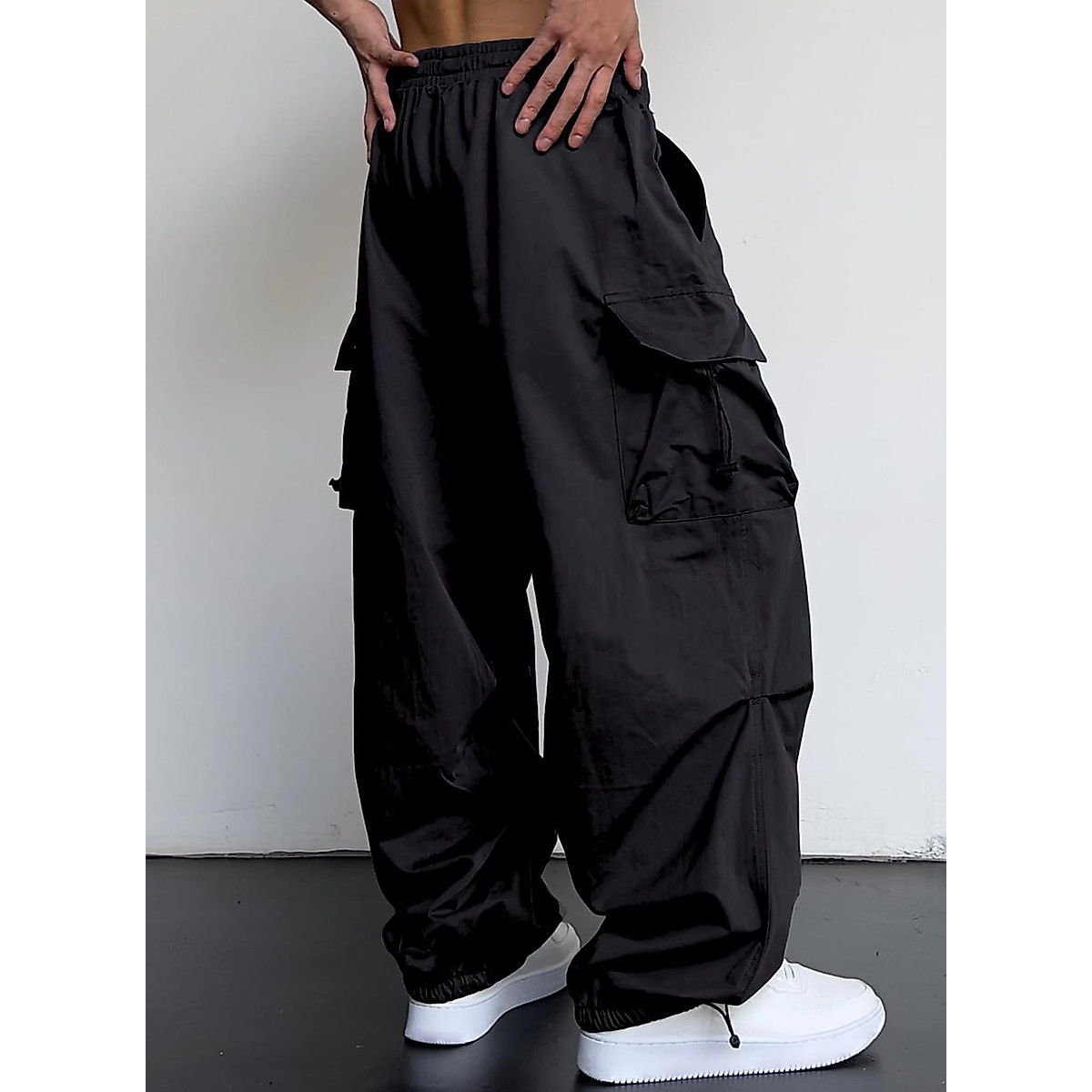 JMIERR Men's Casual Parachute Pants Wide Leg Trousers Beam Feet Harem Baggy Cargo Pants for Trendy Street Wear,US 36(L),Black