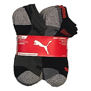 PUMA Mens No Show Low Cut Moisture Control Sport Socks (Shoe Size 7-11) - Black - 12 Pack