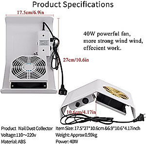 Nail Dust Collector for Acrylic Nails, 40W Nail Dust Fan Nail Cleaner for Manicure - Nail Vacuum Cleaner Powerful Dust Extractor Nail Duster Collector with Leather Nail Arm Rest Pad (White)