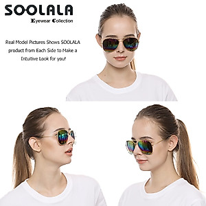 SOOLALA 2 Pairs Womens Classic Thin Metal Rainbow Mirrored Lens Aviator Sunglasses