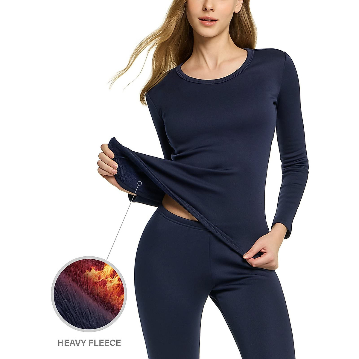TSLA Women's Thermal Underwear Set, Soft Fleece Lined Long Johns, Winter Warm Base Layer Top & Bottom, Heavyweight Dark Navy, Medium