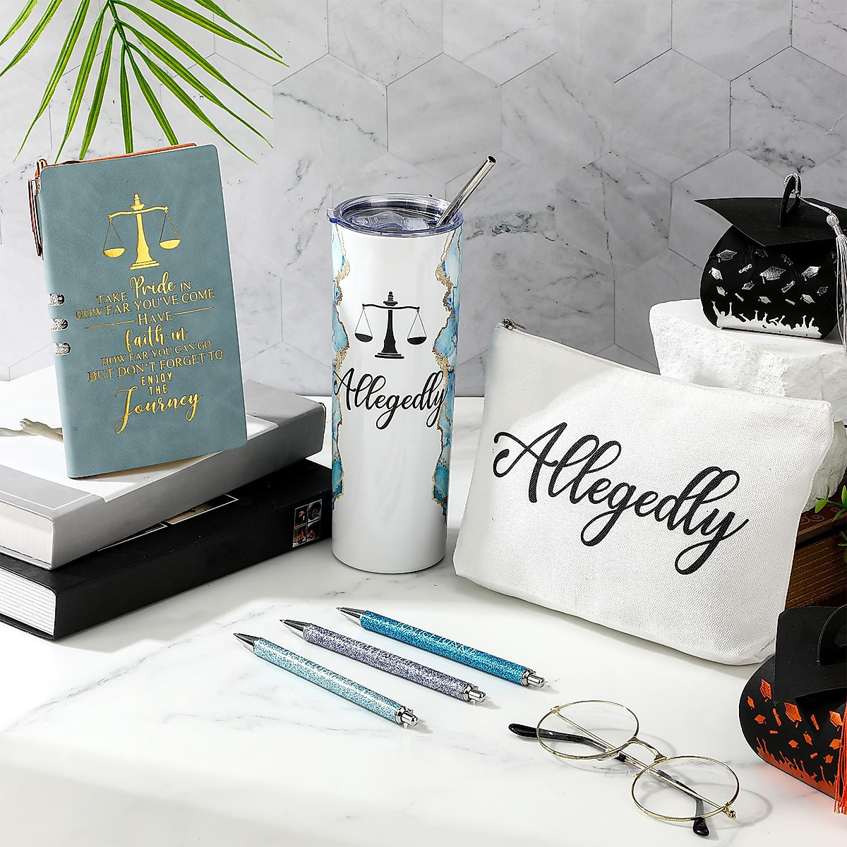 Domensi 6 Pcs Funny Allegedly Lawyer Gifts Judge Gift Lawyer Appreciation Day Gift 20 oz Marble Sign Tumbler Makeup Bag Notepad Ballpoints for Law Paralegal School College Teacher(Blue)