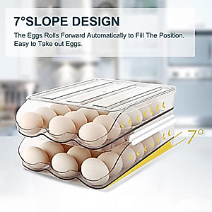 MesRosa Egg Holder , Automatically Rolling Egg Storage Container for Refrigerator,Large Capacity Organizer for Fridge with Lid,Clear Plastic Egg Dispenser, Tray & Bin -2 Layer