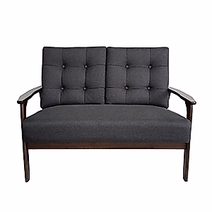 Christopher Knight Home Athena Mid Century Waffle Stitch Tufted Accent Loveseat with Rubberwood Legs-Black and Walnut Finish