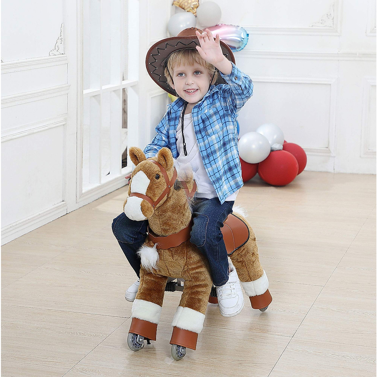 JoJoPooNy Ride on Horse Toy, Kids Ride on Toy for 3-6 Years Old, Premium Riding Horse Plush Animal Toy, Walking Horse Toy with Wheels (27 Inch Height)