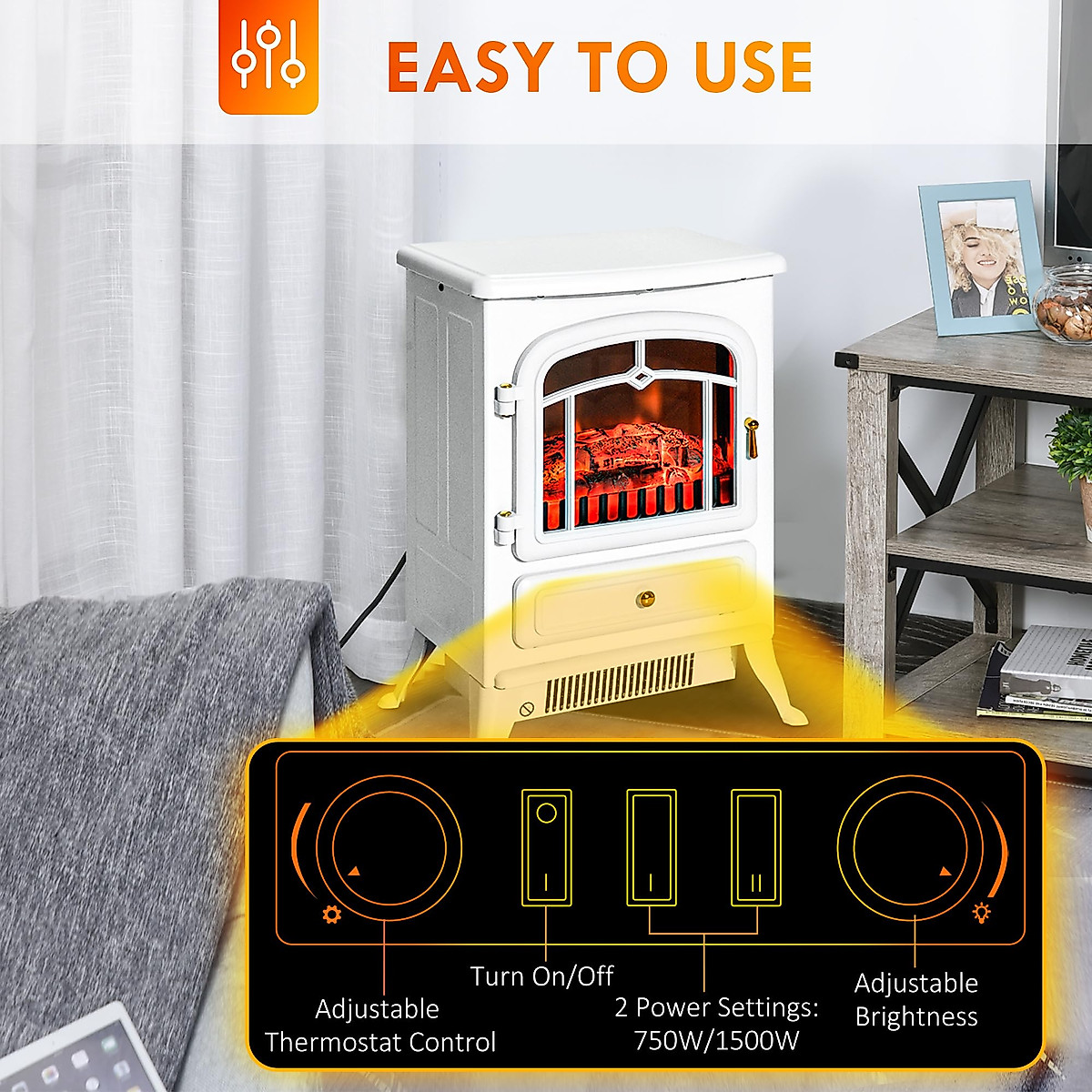 HOMCOM 22" Electric Fireplace Heater, Freestanding Fire Place Stove with Realistic LED Flames and Logs, and Overheating Protection, 750W/1500W, White