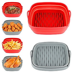 NaiKit's Grey 8 IN Reusable Silicone Air Fryer Square Liners for Basket Size 6.5 QT and above. Non-stick, Food Safe, great Instant Pot Kitchen Accessories.